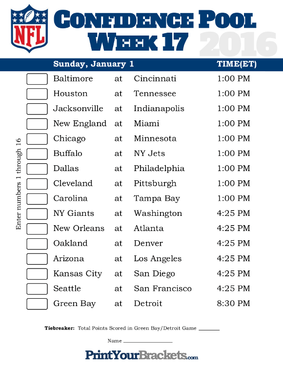 NFL Week 17 Confidence Pool Sheet - Printable